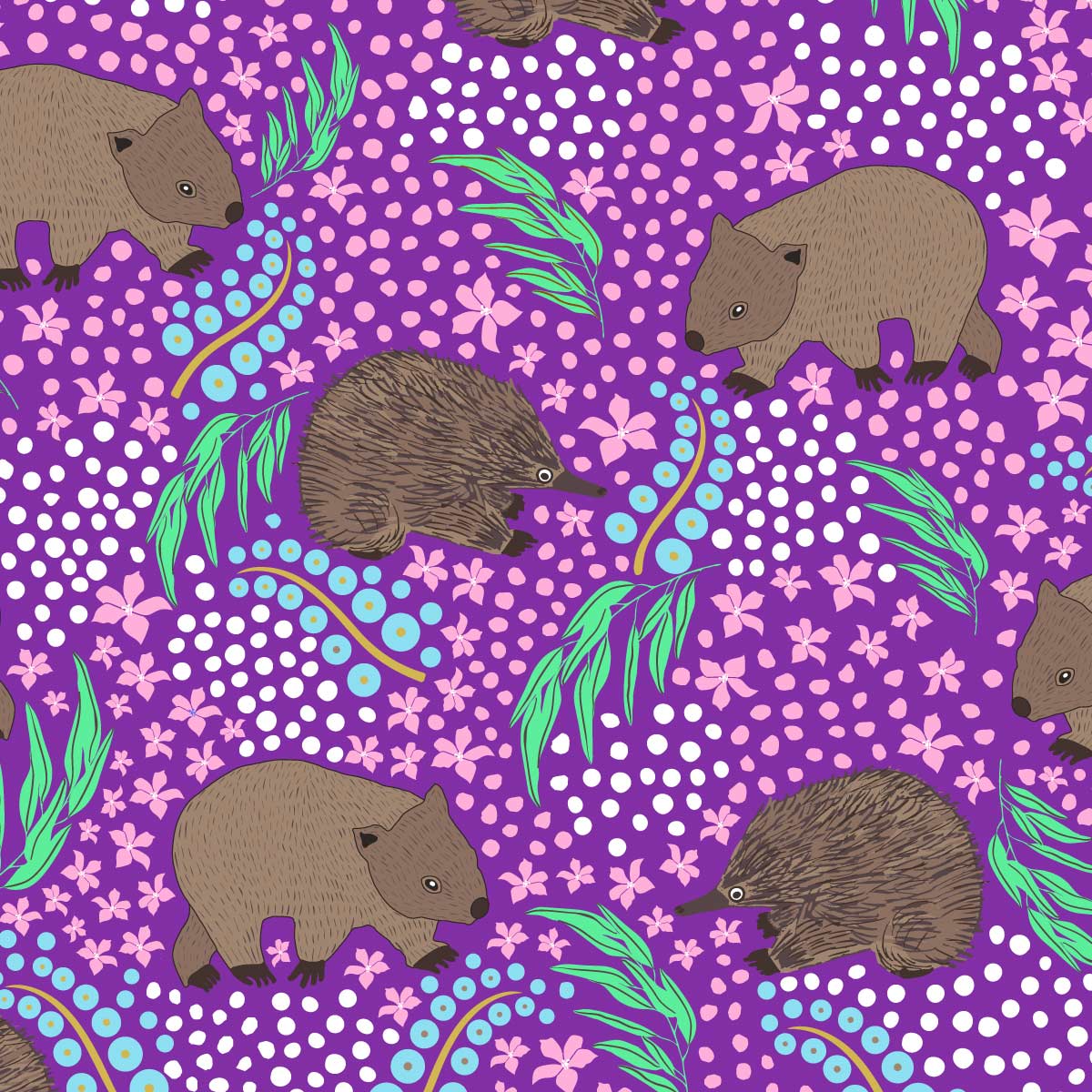 Wombat & Echidna Purple – Australiana Fabrics