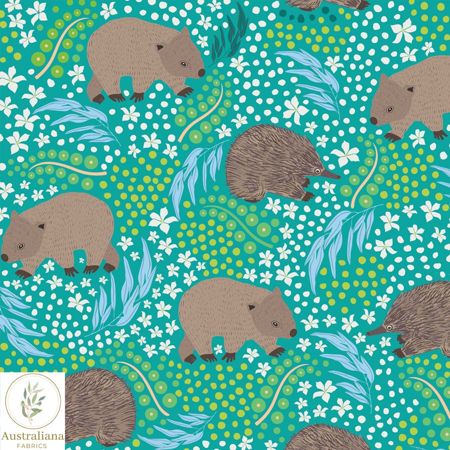 Wombat & Echidna Green by Amanda Joy – Australiana Fabrics